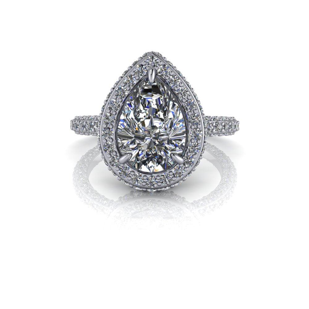 Pear Moissanite Ring Unique Halo Setting 3.97 ctw – Bel Viaggio Designs ...
