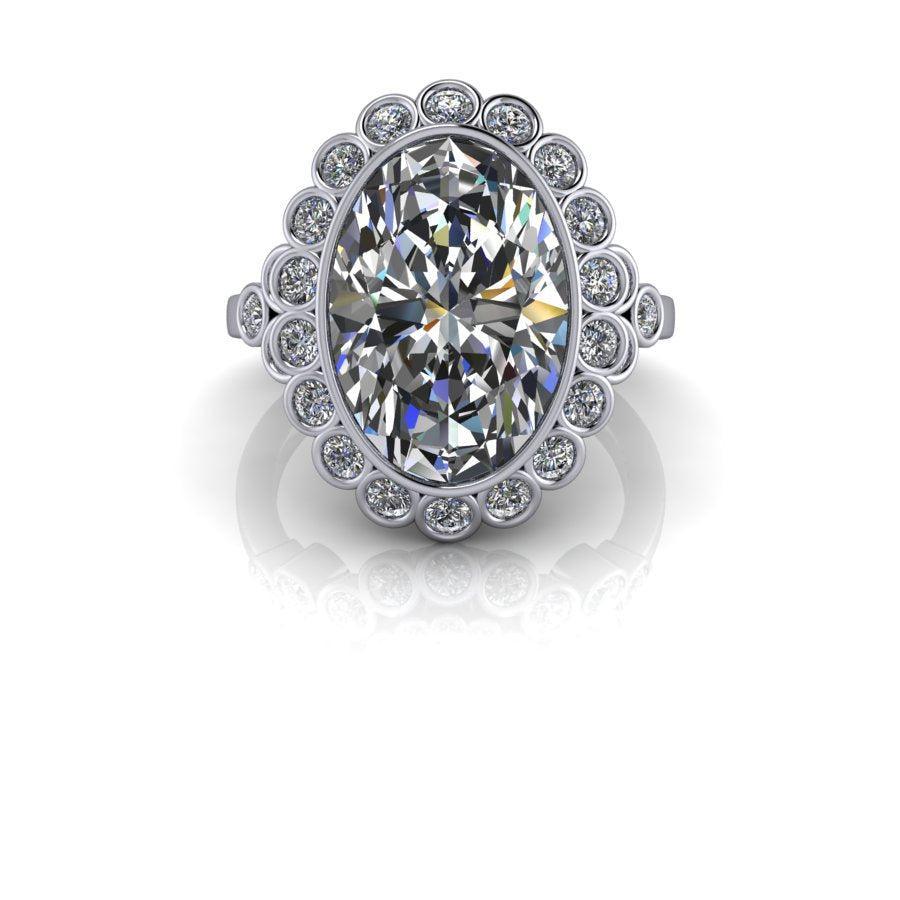 Anillo de compromiso de moissanita ovalada con bisel y halo en oro de ...
